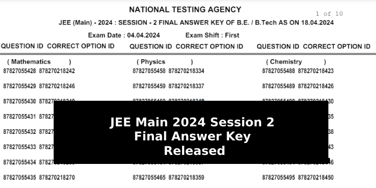 JEE Main 2024 Session 2 Final Answer Key Released @jeemain.nta.ac.in - Download here